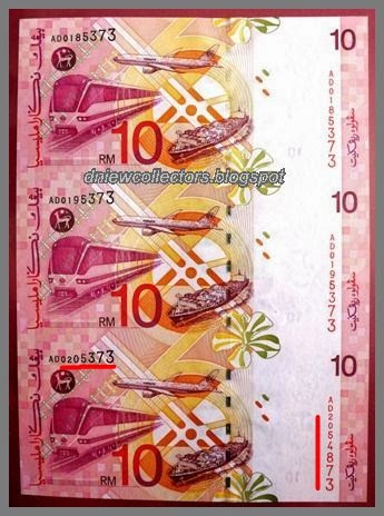 MALAYSIA RM10-3 IN 1 UNCUT MISMATCHED SERIAL NUMBERS | Error coins