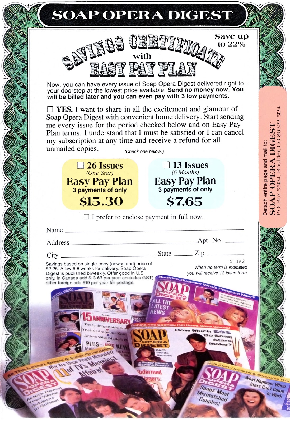Soap Ads: Soap Opera Digest Subscription Ad - September 15, 1992