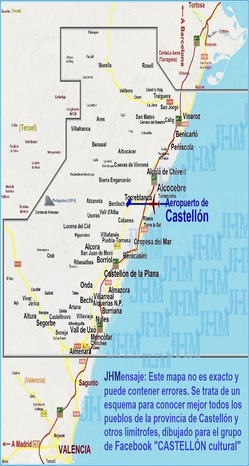 Pueblos de CASTELLÓN y vecinos: Mapa esquemático JHM de CASTELLÓN