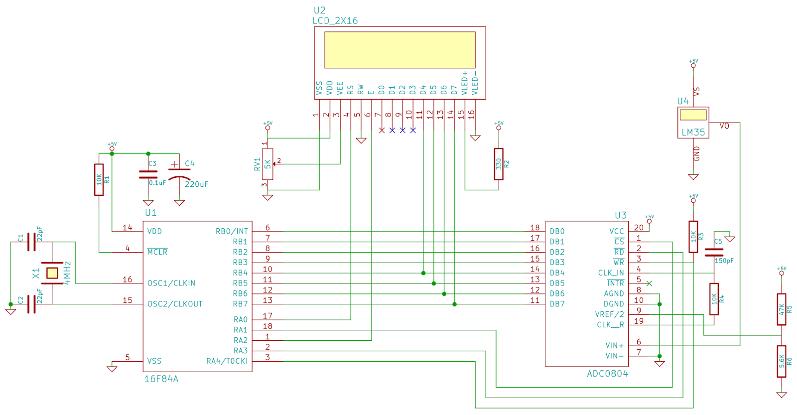 Funka Redesign: Proyecto ADC0804 LM35 LCD, PIC 16F84A
