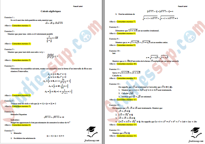 Exercices corrigés calcul algébrique - Exo Academy