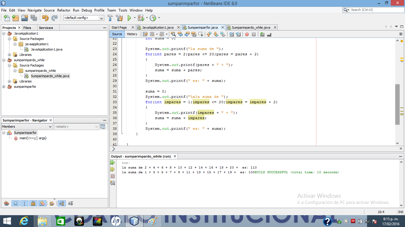 PROGRAMACION JAVA CIES: SUMA 10 NÚMEROS PARES E IMPARES_FOR