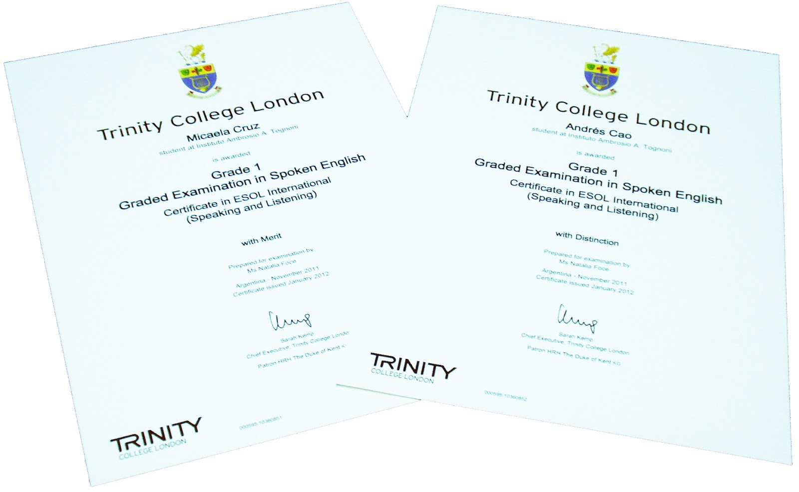 Colegio Tognoni: Diplomas del Examen Internacional Trinity College (2011)