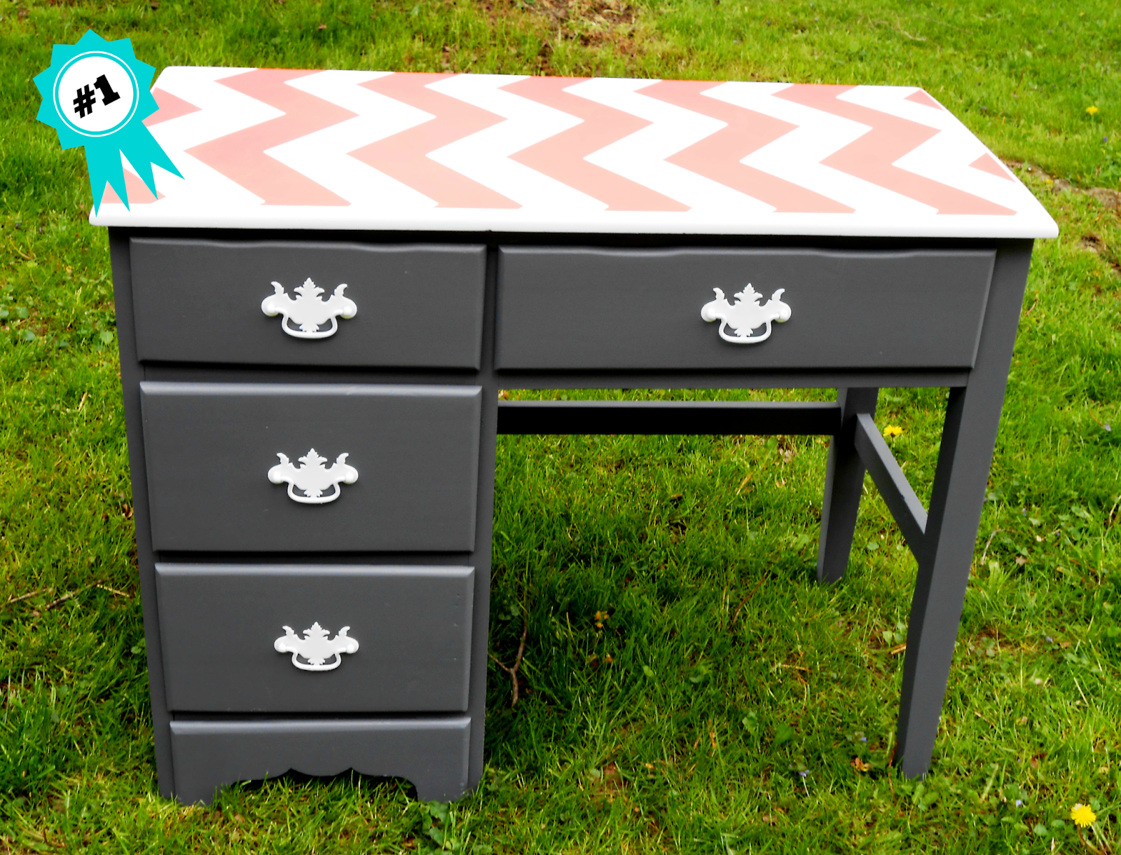 Sow's Ear: Gray and Coral Chevron Desk