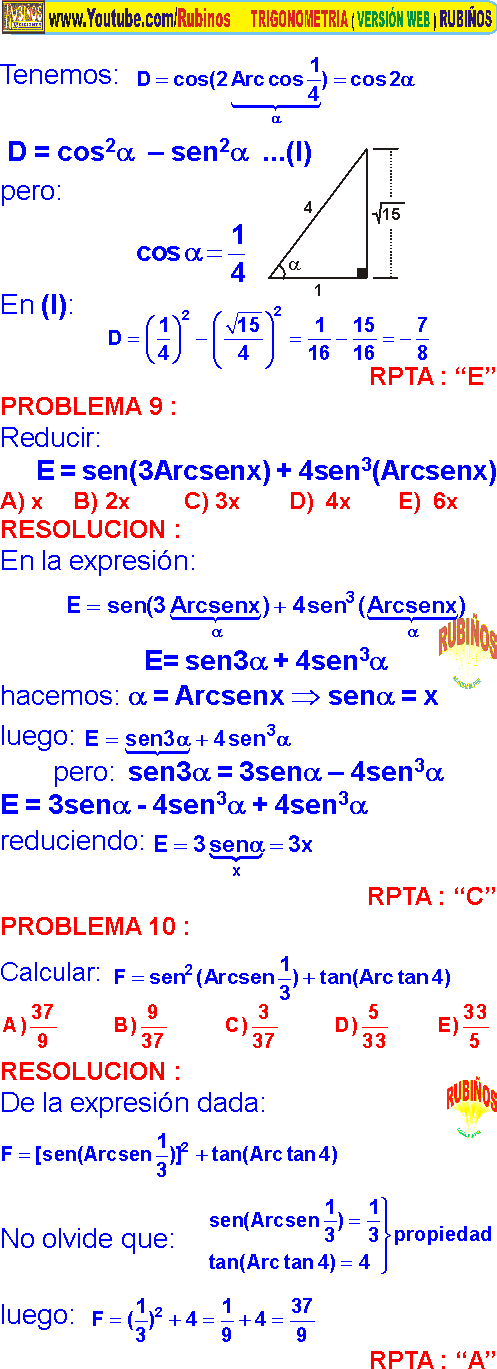 ARCOS DE LAS RAZONES TRIGONOMÉTRICAS O SUS INVERSAS EJERCICIOS ...