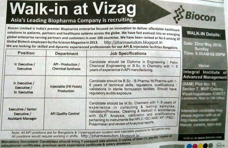 Biocon Walk-In Interview on 22/05/2016 @ VIZAG - PHARMA WISDOM