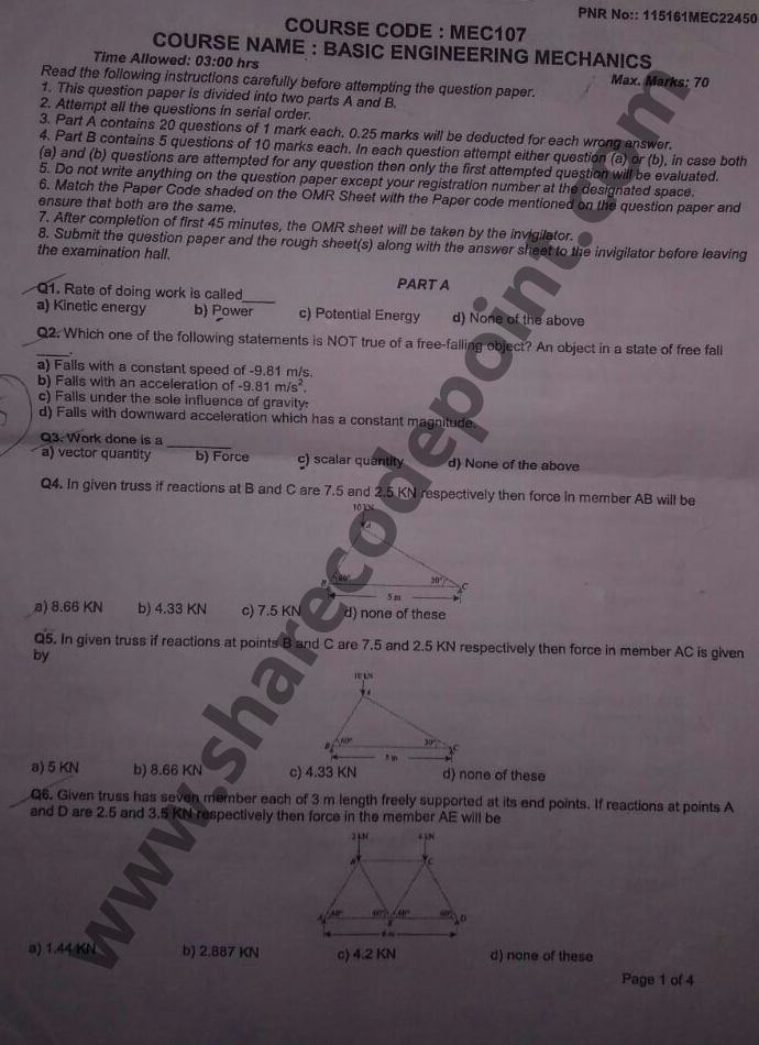 MEC107 : Basic Engineering Mechanics End Term Exam Question Paper - MEC ...