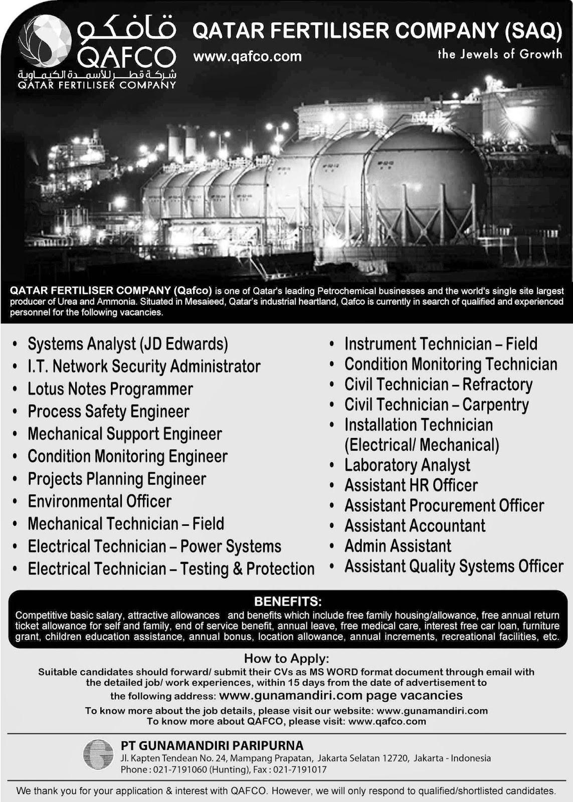 Lowongan Mechanical Technician - QAFCO (Qatar Fertiliser Company ...