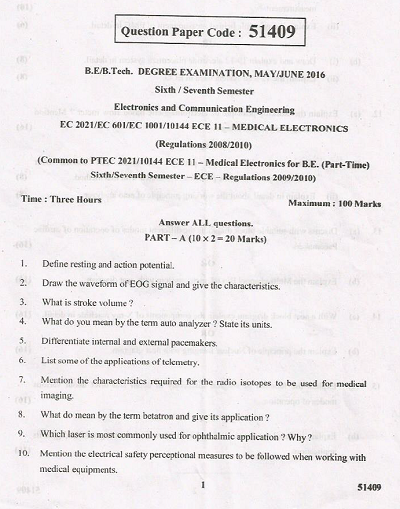 EC2021 Medical Electronics May June 2016 Question Paper - University ...