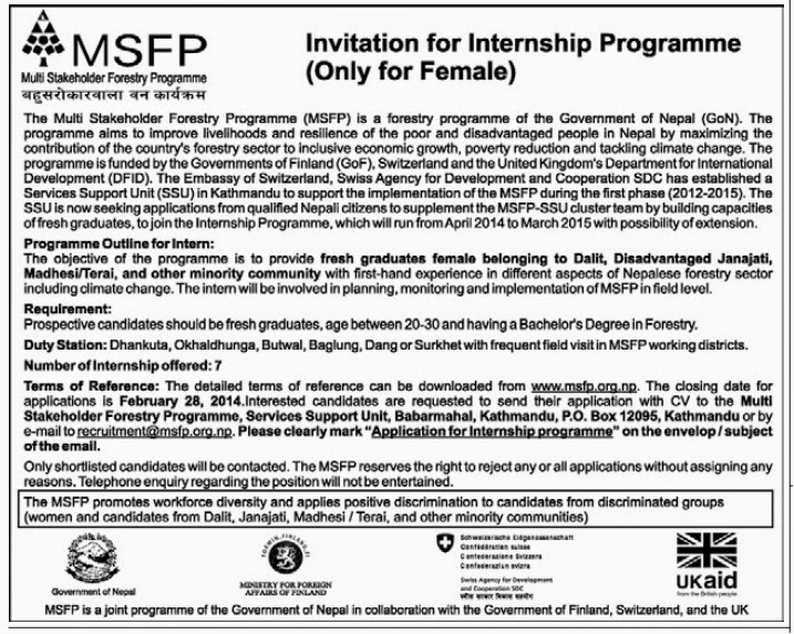 Invitation for Internship Programme (Only for Female)