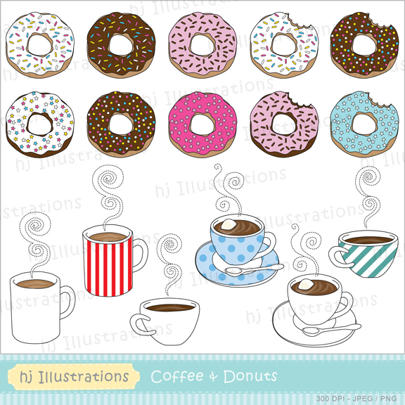 HJ Illustrations: Coffee and donuts digital clipart