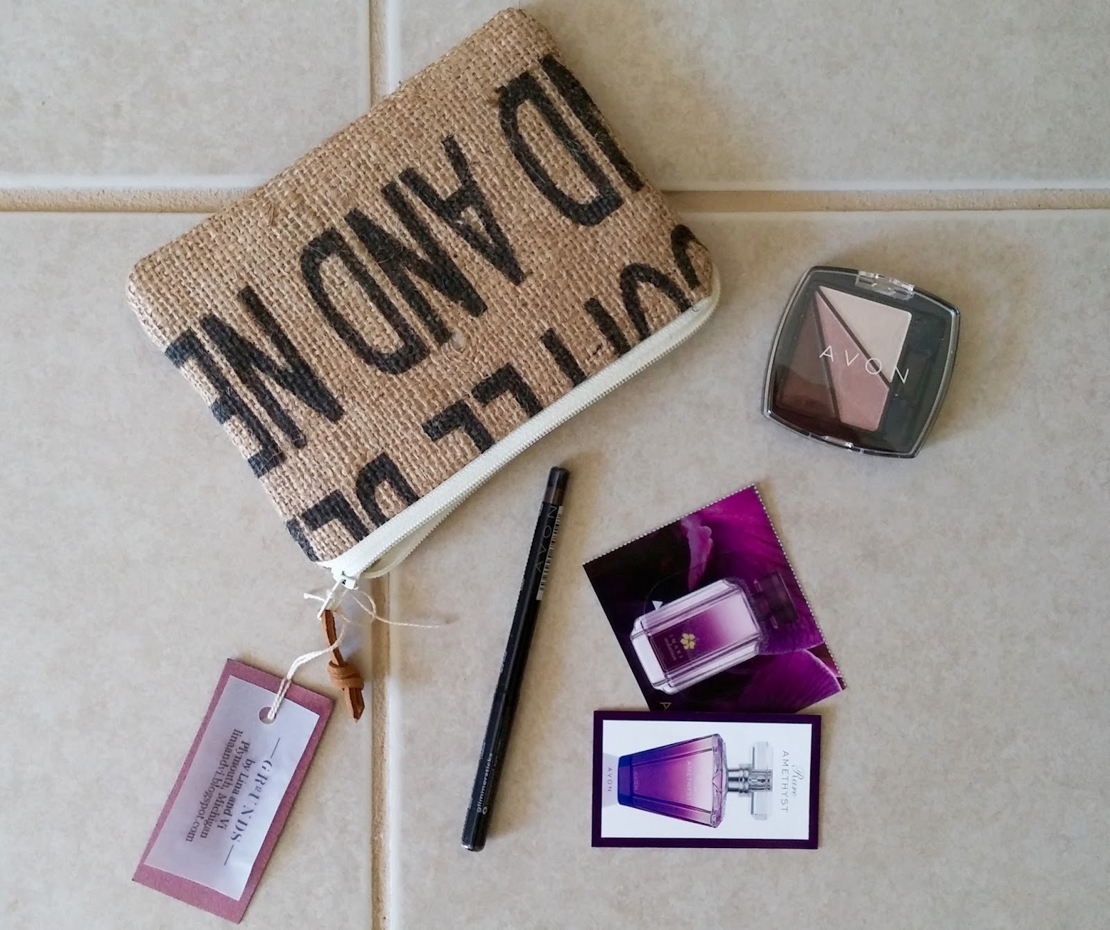 Giveaway! Burlap zipper pouch + Avon cosmetics
