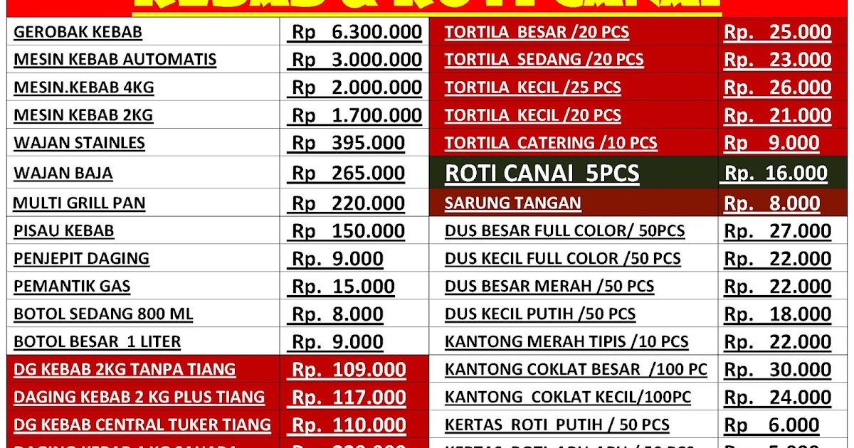 List Harga Kebab dan Canai | Supplier Bahan Baku Kebab