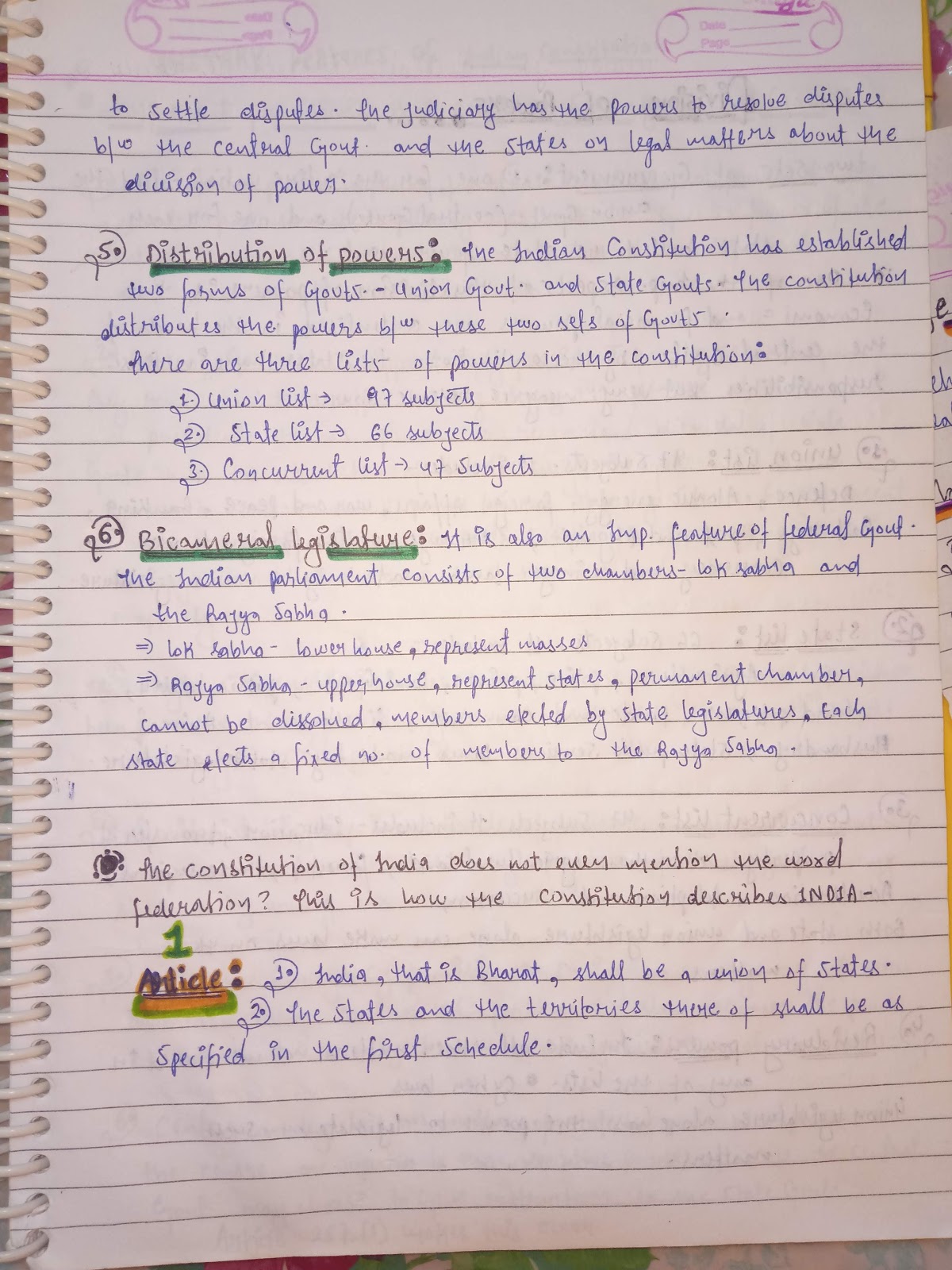 Handwritten Notes of FEDERALISM - Political Science - Class 11th ...