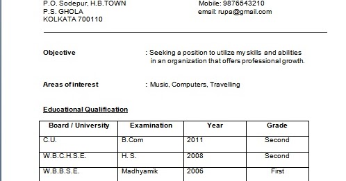 Resume Format For Experienced Commerce Graduates in Word Format