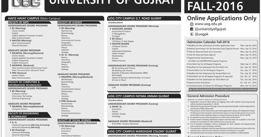 University of Gujrat UOG Admission 2016 Admission Form, Last Date ... University of Gujrat UOG Admission 2016 Admission Form, Last Date ...