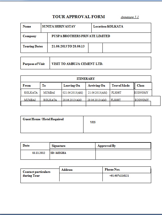 Company Tour Approval Form Format in Word Free Download