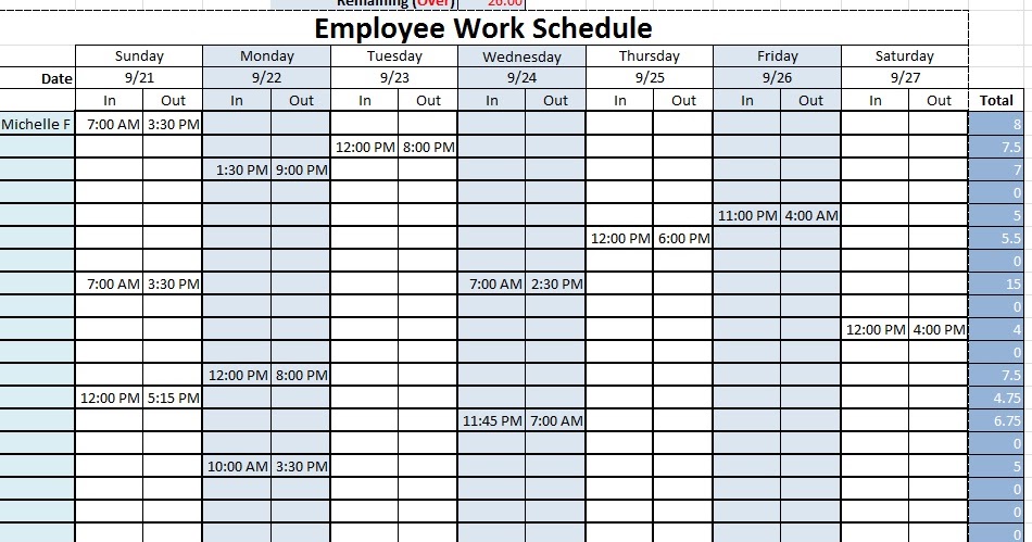 Employee Work Schedule ~ Template Sample