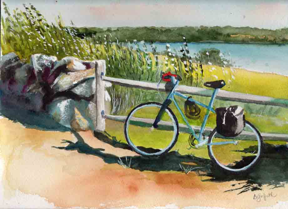 Bunny s Artwork Afternoon Bike Ride Block Island Original Watercolor Painting bunny-s-artwork-afternoon-bike-ride-block-island-original-watercolor-painting