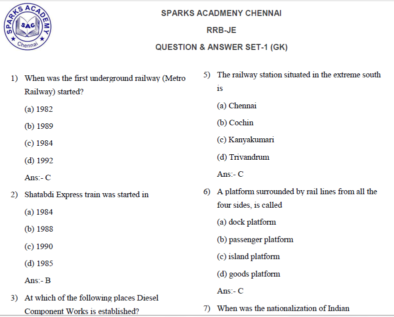 Sparks Academy Chennai: Download RRB JE GK Questions Set 1