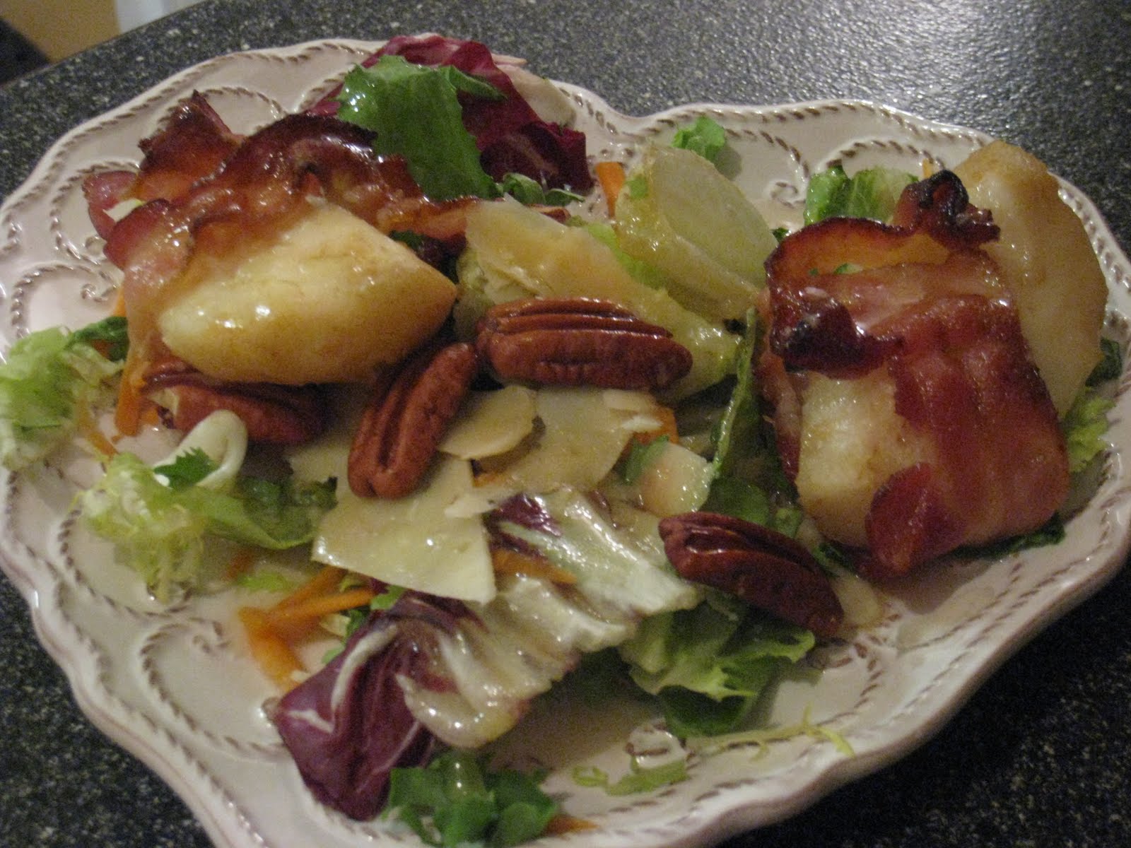 Mormon Mavens in the Kitchen: Field Greens With Roasted Bacon-Wrapped Pears
