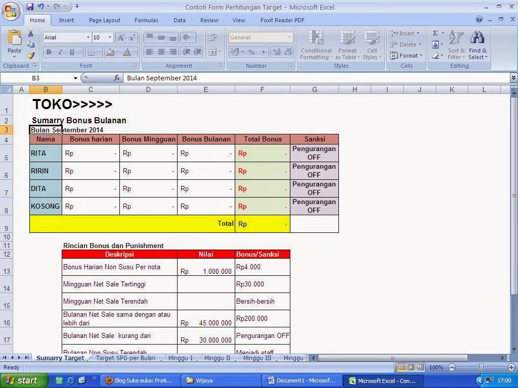 Blog Suka-suka: Contoh Form Perhitungan Bonus Karyawan Toko dengan Excell