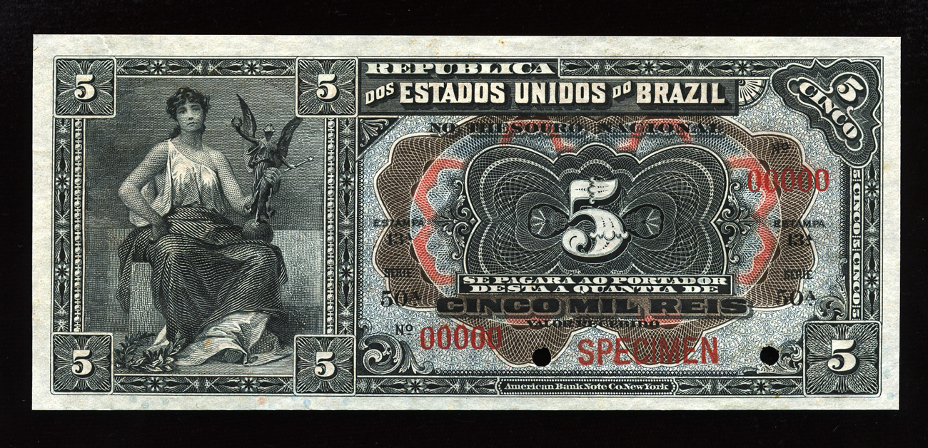 Brazil currency 5 Mil Reis banknote of 1909, Estampa 13 A.