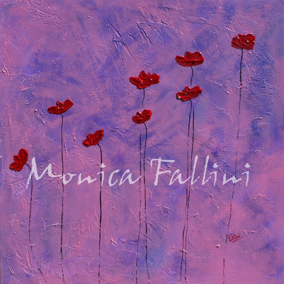 Paintings by Monica Fallini: Red Poppies on pink blueish background ...