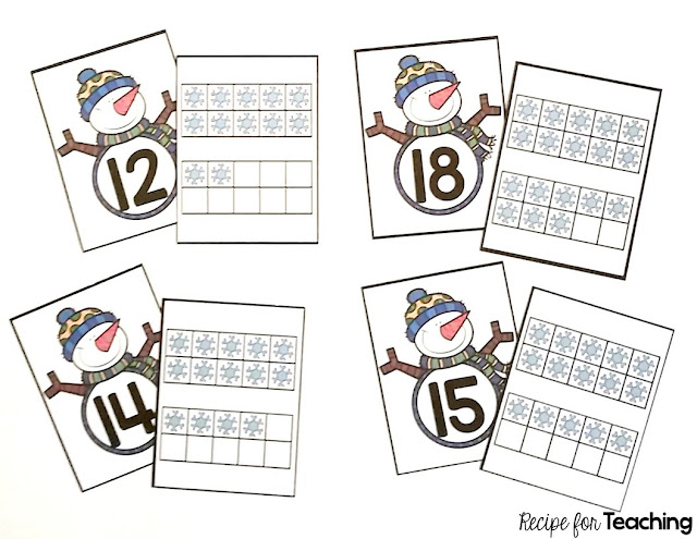 Snowman Teen Number and Ten Frame Match - Recipe for Teaching