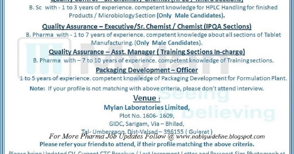 NABL GUIDELINES: MYLAN LABORATORIES LTD – Walk-In Interviews For ... NABL GUIDELINES: MYLAN LABORATORIES LTD – Walk-In Interviews For ...