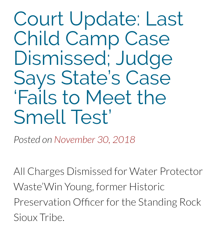 CENSORED NEWS: All Charges Dropped against Water Protector Waste Win Young