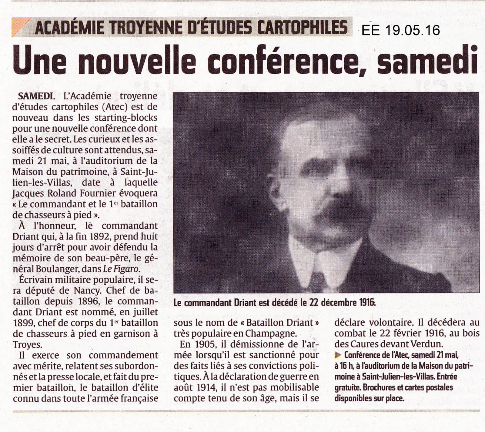 Atec : ATEC TROYES Colonel Emile DRIANT en conférence, 100 après...