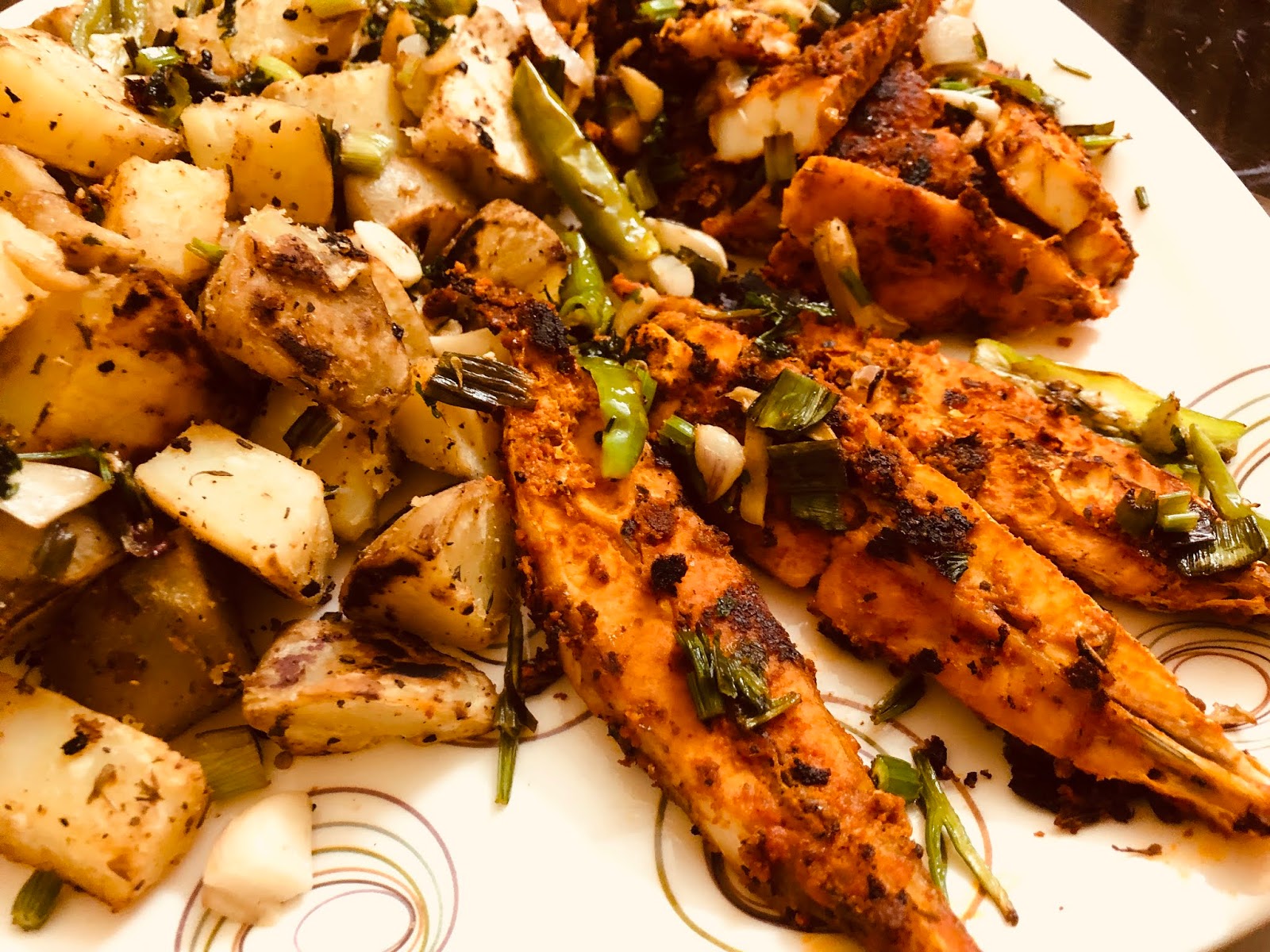 Fish steak with roasted veggies and sweet potatoes