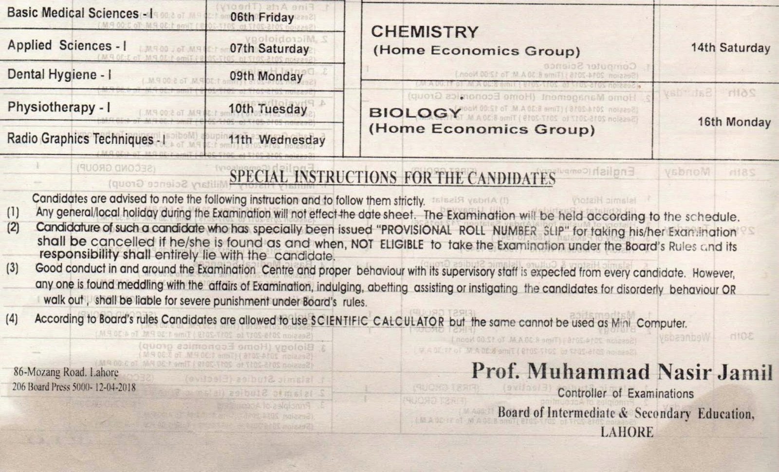 BISE Lahore Board Date Sheet Of 2nd year 2018 - Pk Live Info