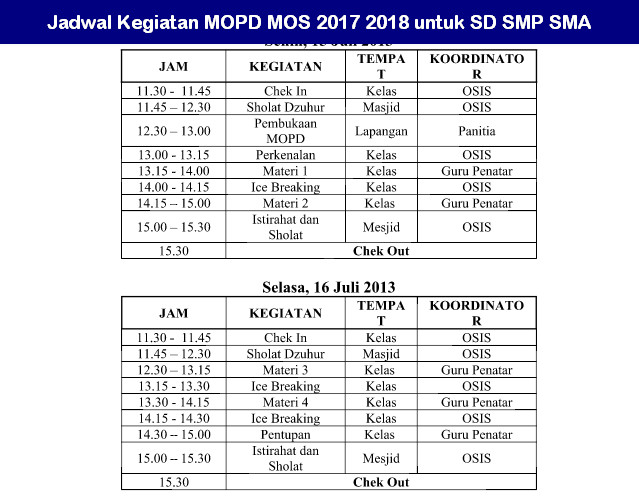 Jadwal Kegiatan MOPD MOS 2017 2018 untuk SD SMP SMA - MOS (Masa Orientasi Siswa)