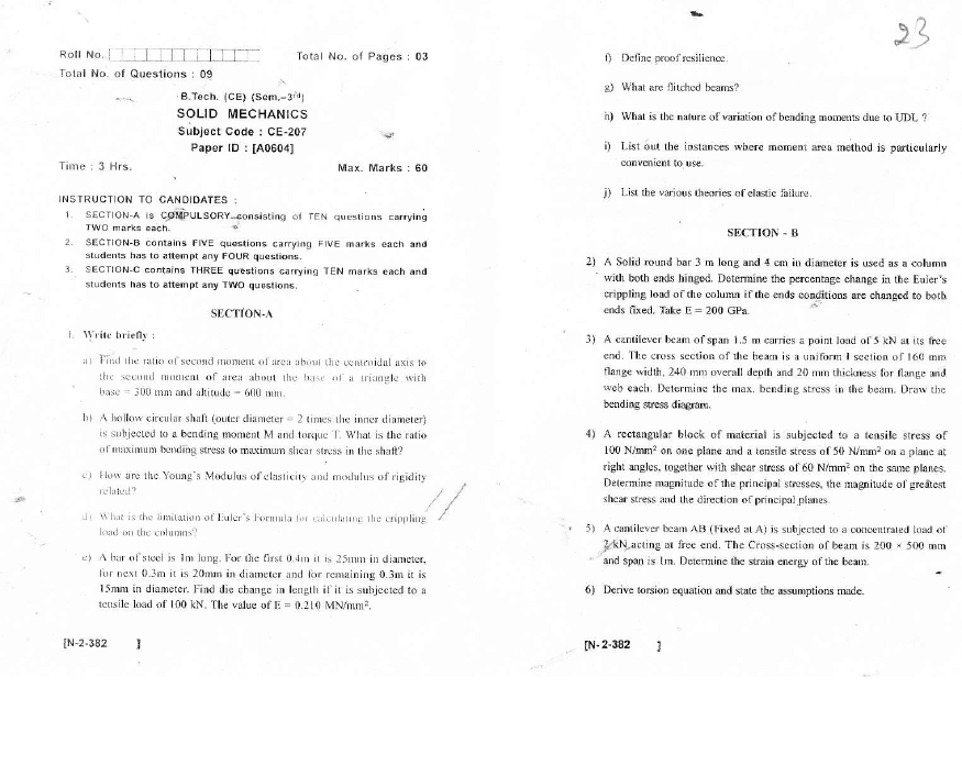 CE-207 Solid Mechanics PTU 3rd Semester B.Tech Civil Engineering May ...