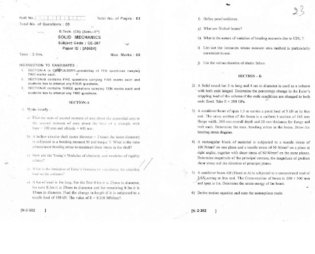 CE-207 Solid Mechanics PTU 3rd Semester B.Tech Civil Engineering May ...