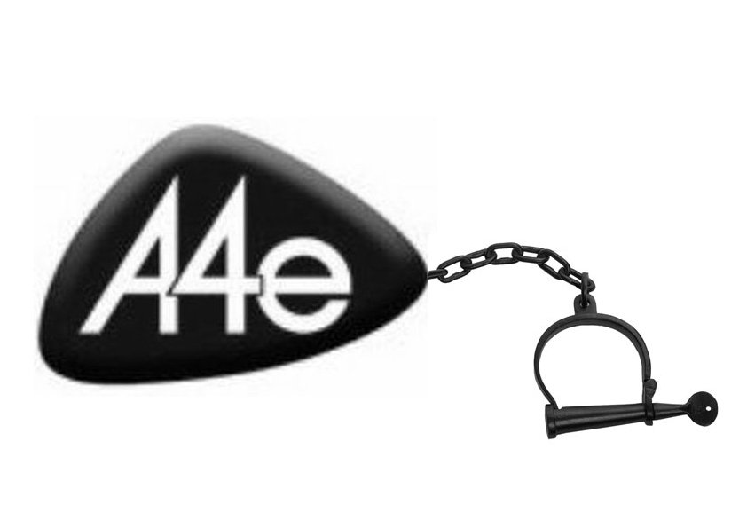 UK Workfare Work Programme Protest banners: A4e logo attached to leg iron