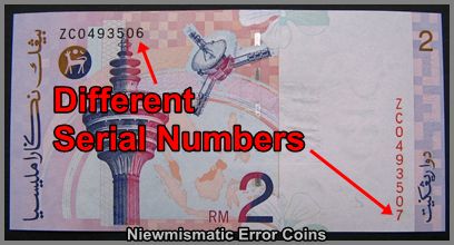 REPLACEMENT BANKNOTE WITH DIFFERENT SERIAL NUMBERS | Error coins