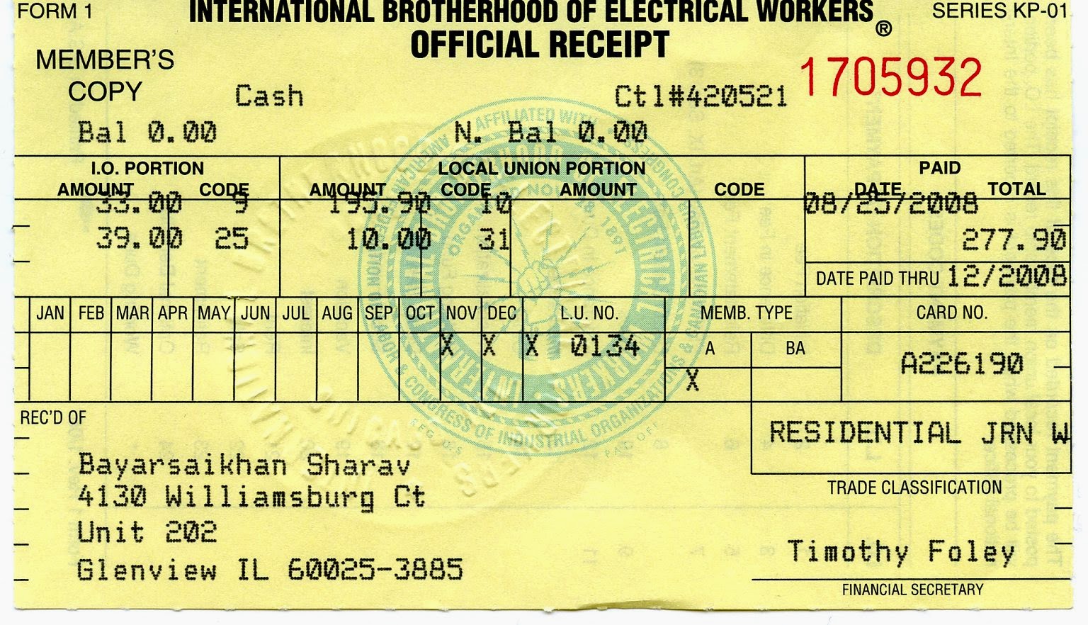 Electric Work: Official Receipt