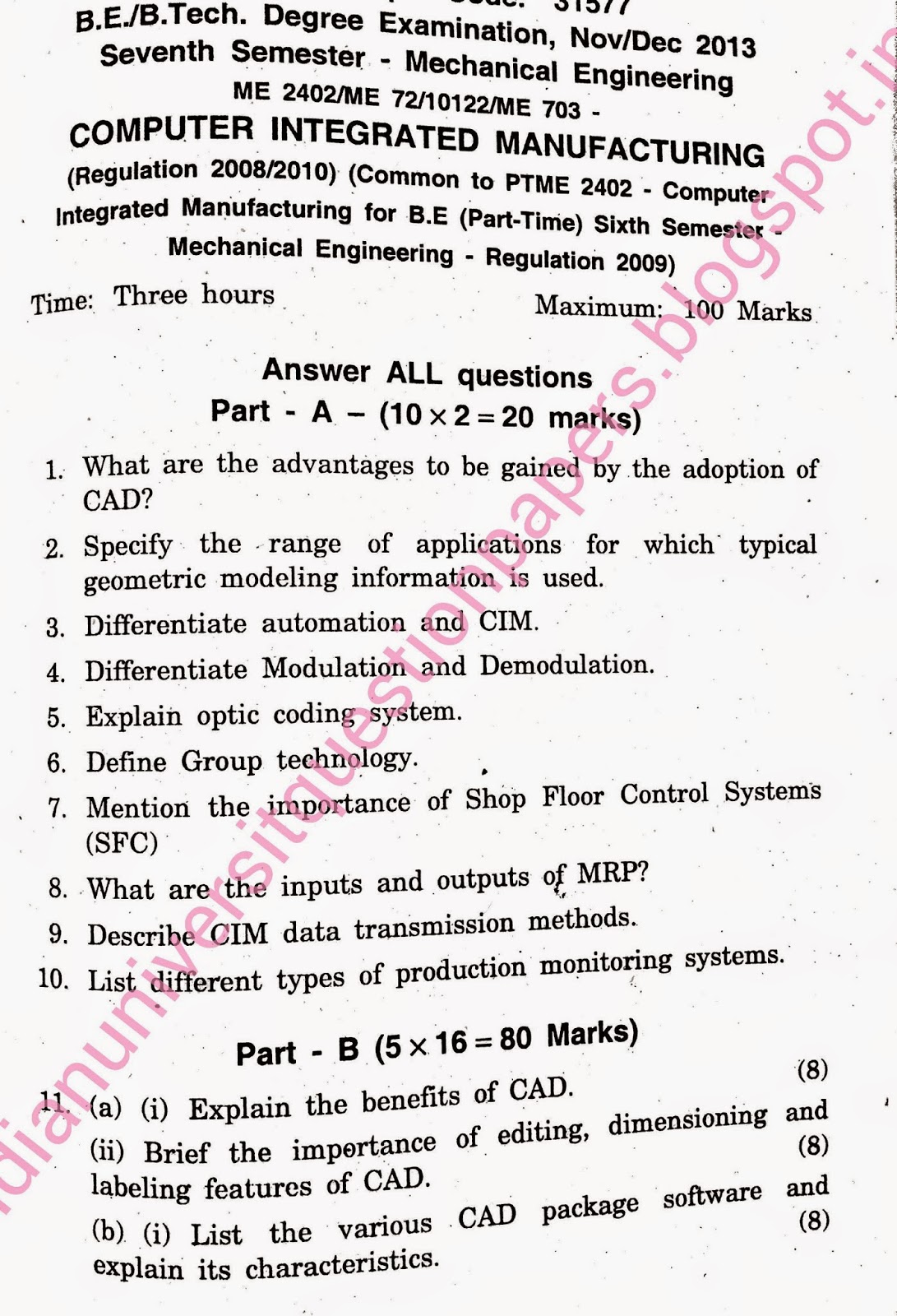 CIM ME2402 Anna University Old Question Papers 2013 and 2012 ...
