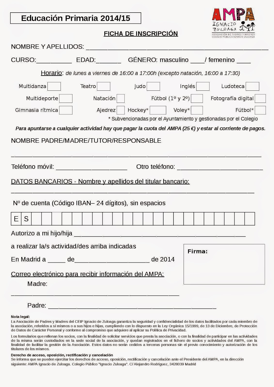 NUEVA FICHA DE INSCRIPCIÓN DE PRIMARIA – AMPA Zuloaga
