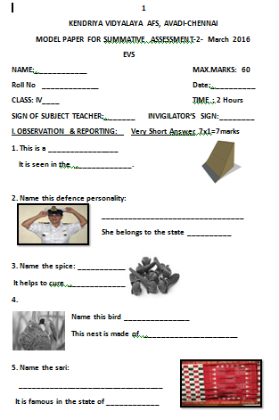 KV AFS PRIMARY SECTION HOME WORKS: CLASS - 4 - EVS MODEL QUESTION PAPER