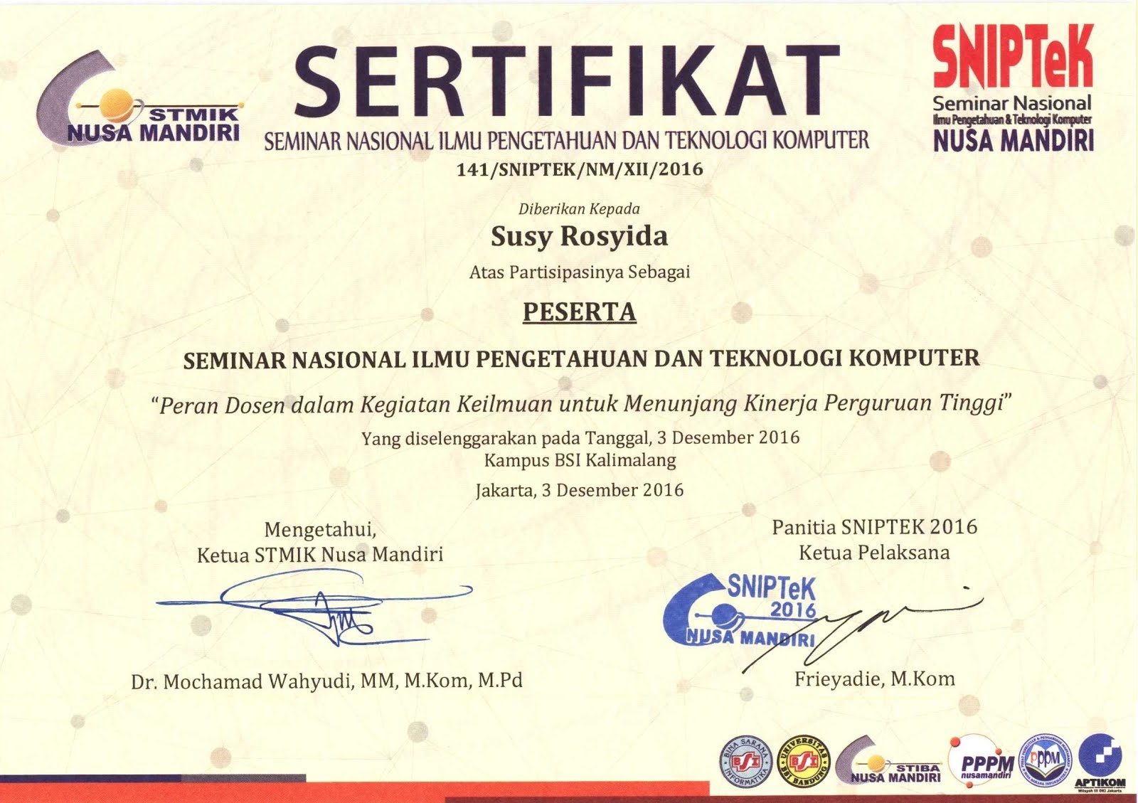 Susy Rosyida: Sertifikat Seminar Nasional Ilmu Pengetahuan Dan ...