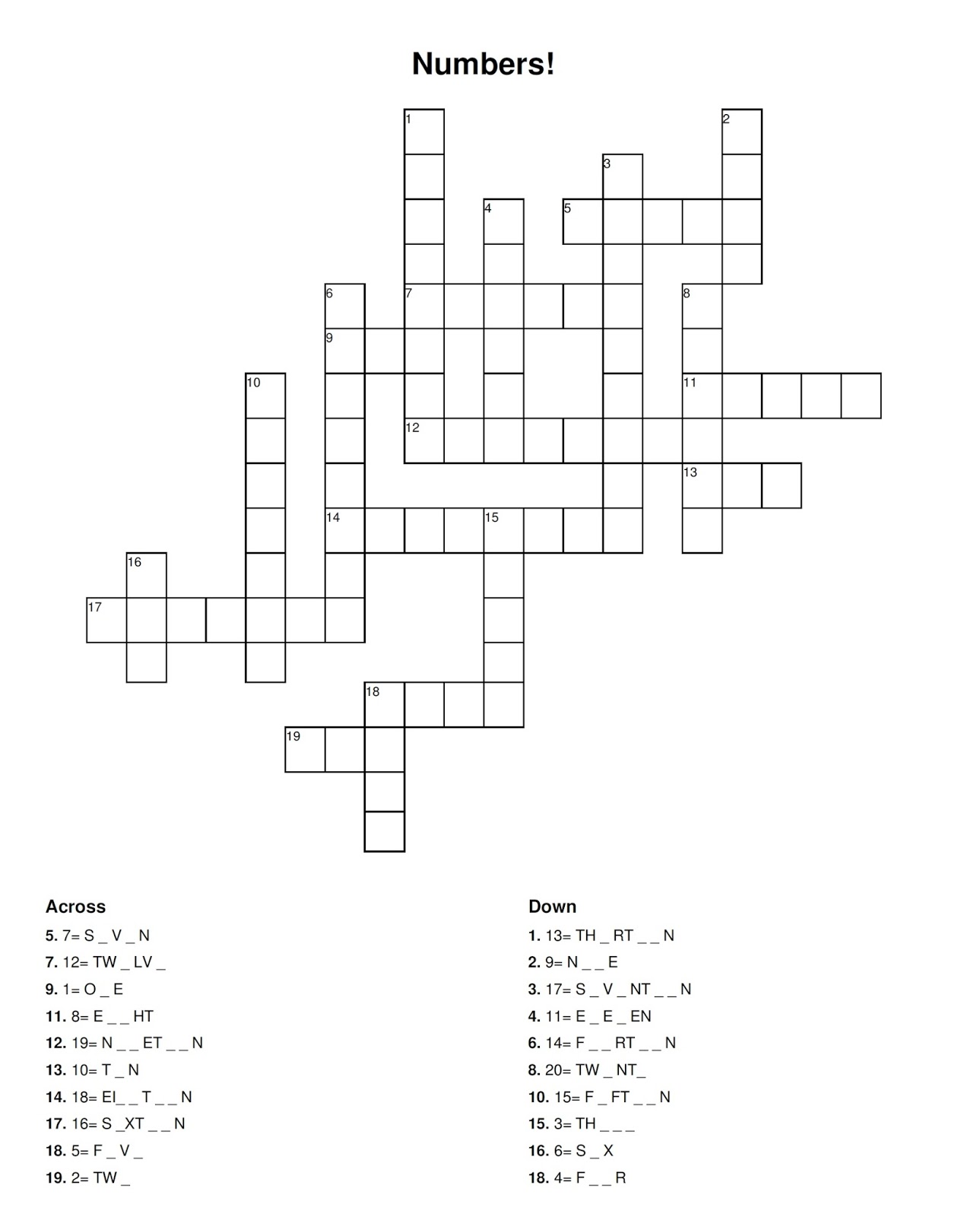 Numbers 1-20 Crossword