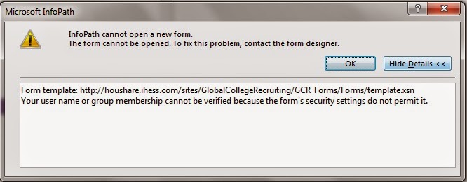 InfoPath error – “Your user name or group membership cannot be verified ...