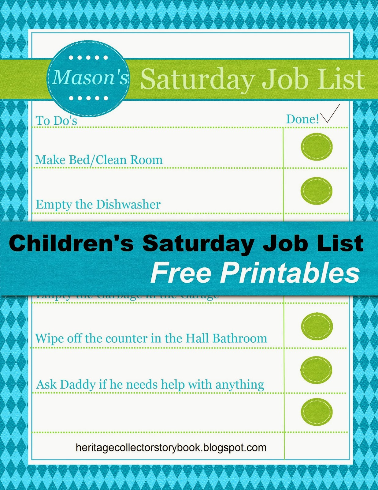 Heritage Collector Storybook: Children Saturday Job List. Free Printable