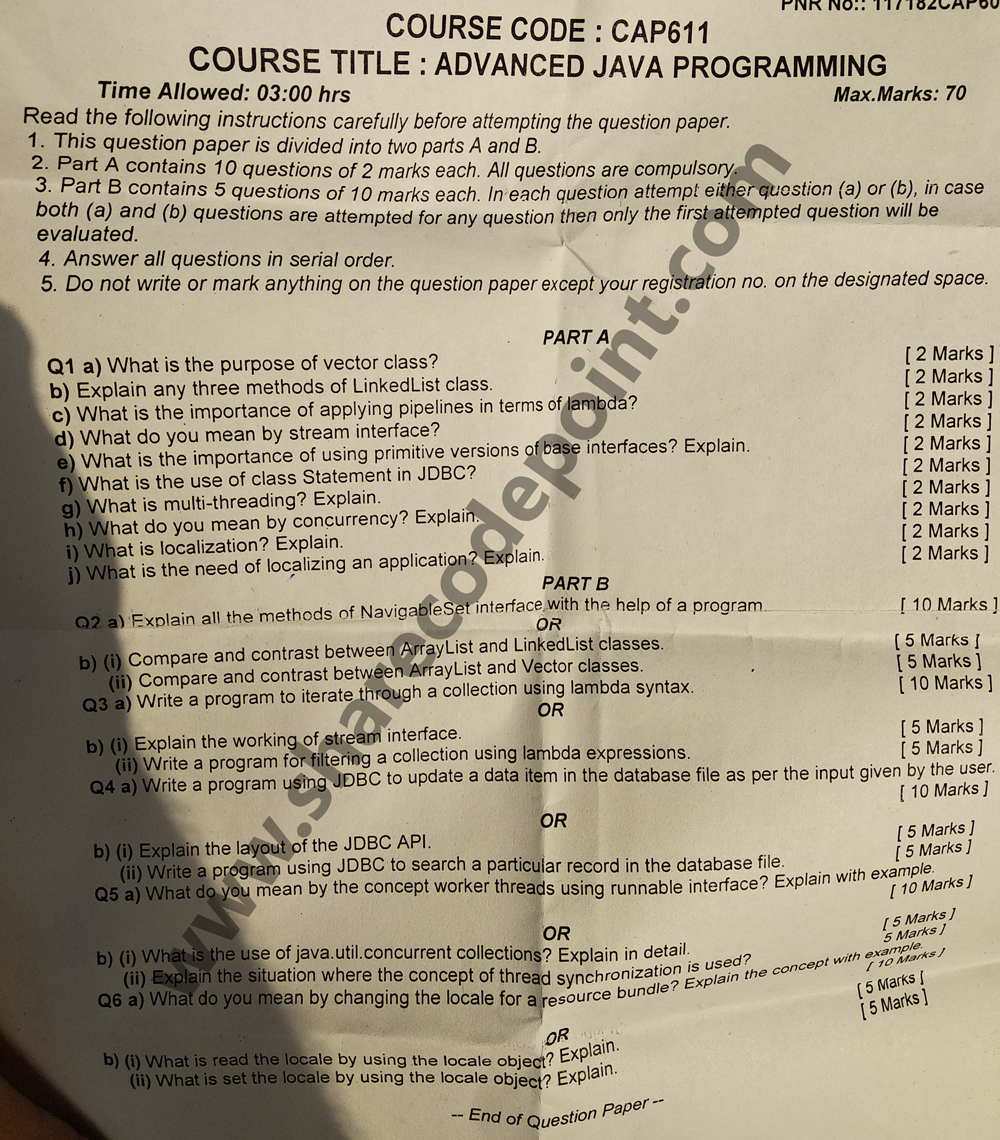Cap611 Cse406 Advanced Java Programming End Term Exam Question Paper Cap 611 Or Cse 406