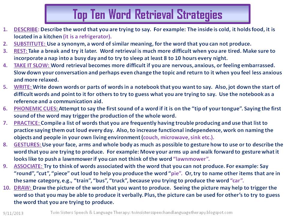Twin Speech, Language & Literacy LLC: TOP TEN LIST: Word Retrieval ...