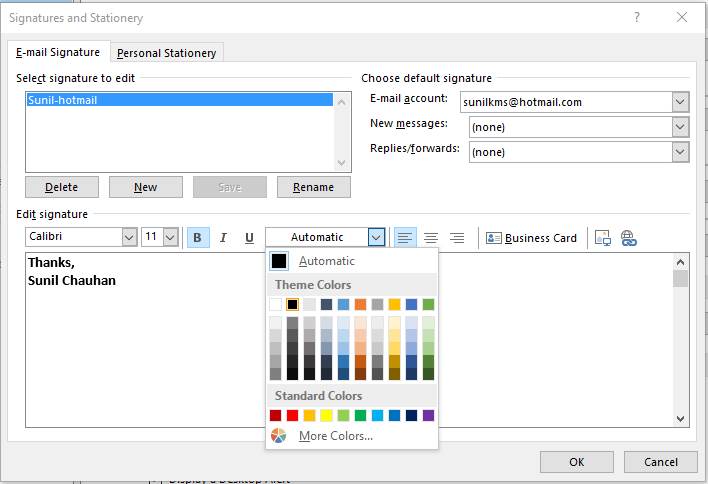 Email signature changes the color when reply or forward messages